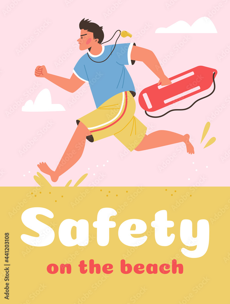 Safety on the beach banner with lifeguard hurrying to help, vector ...