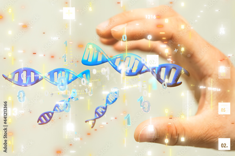 Abstract luminous DNA molecule. Hand of doctor touching and cut dna for ...