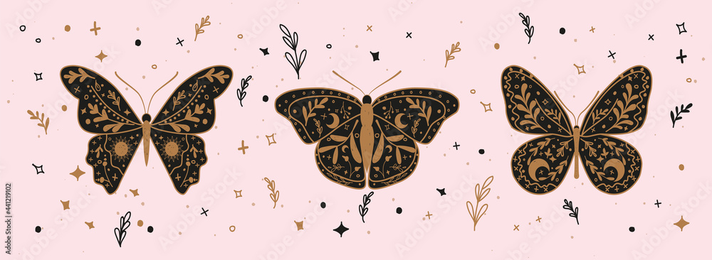 Vector set of linear Boho Butterflies, stars, moon, and sun - folk art ...