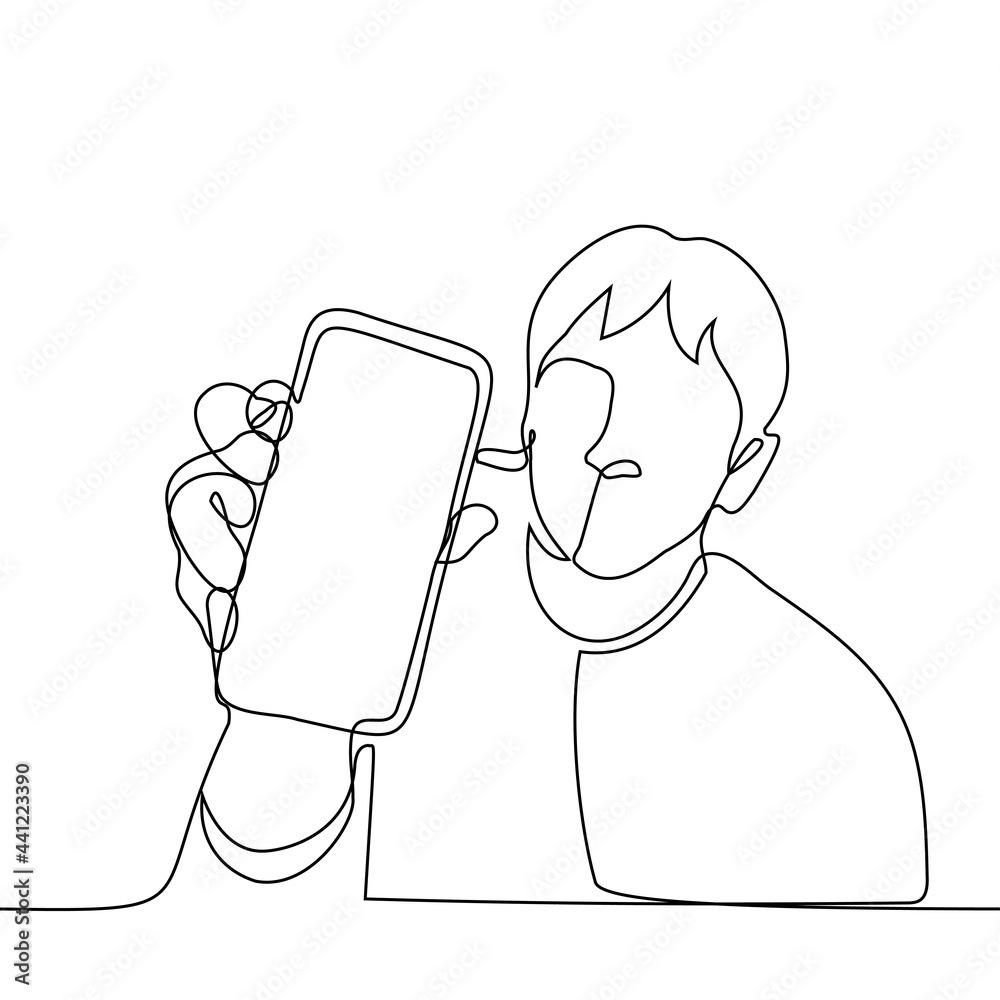 man showing the viewer a blank phone screen - one line drawing. concept ...