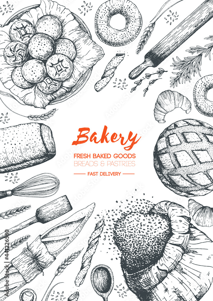 Bakery top view frame. Background template for design. Engraved food ...