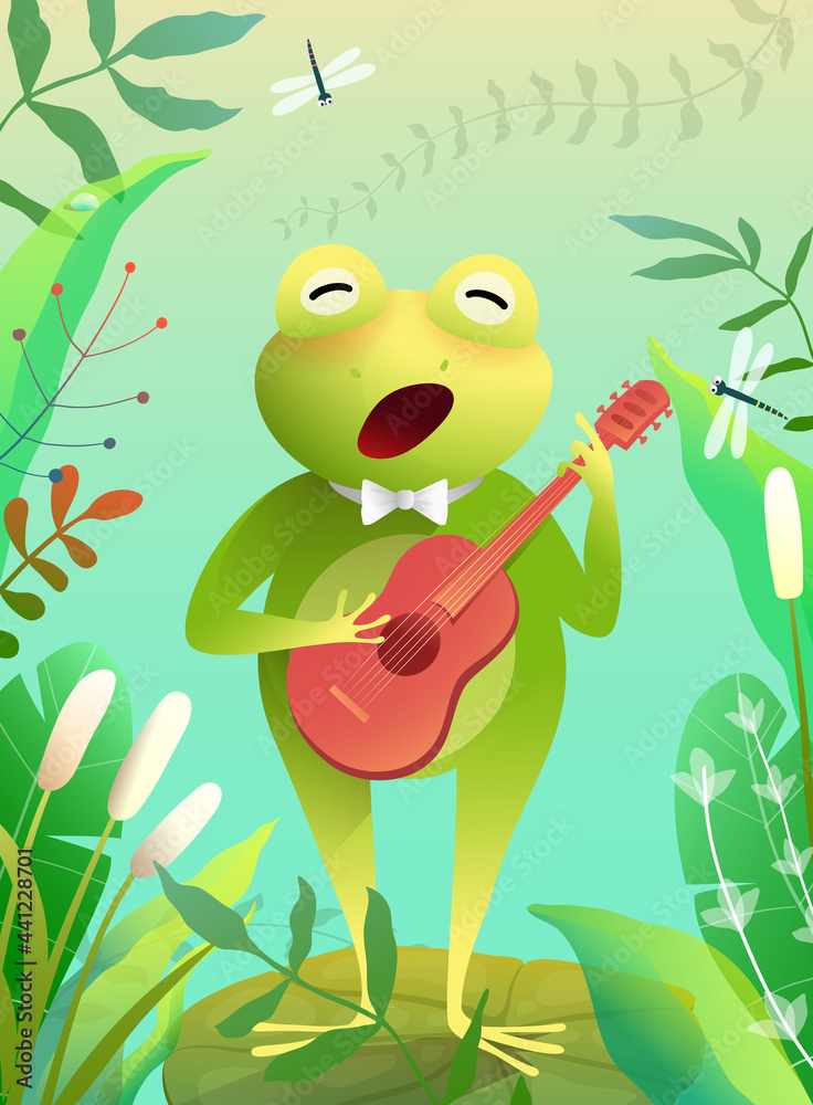 Cute baby frog playing quitar or singing a song standing on the ...