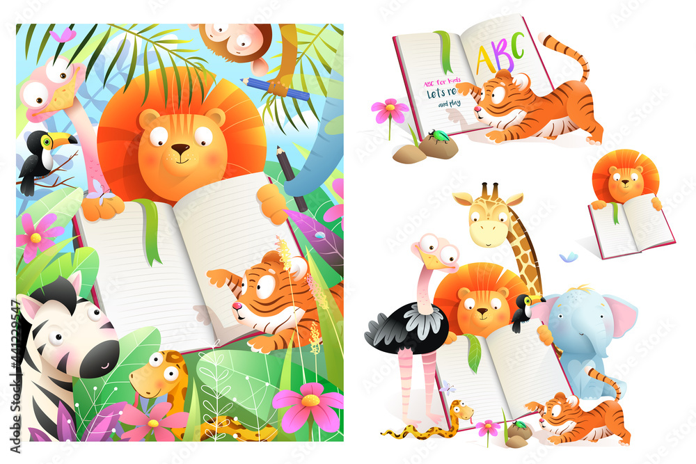 Collection of kids zoo animals studying to read book and write at ...