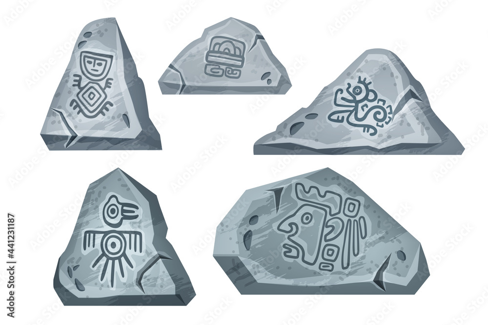 Stone rock vector cartoon set, maya tribal symbol collection isolated ...