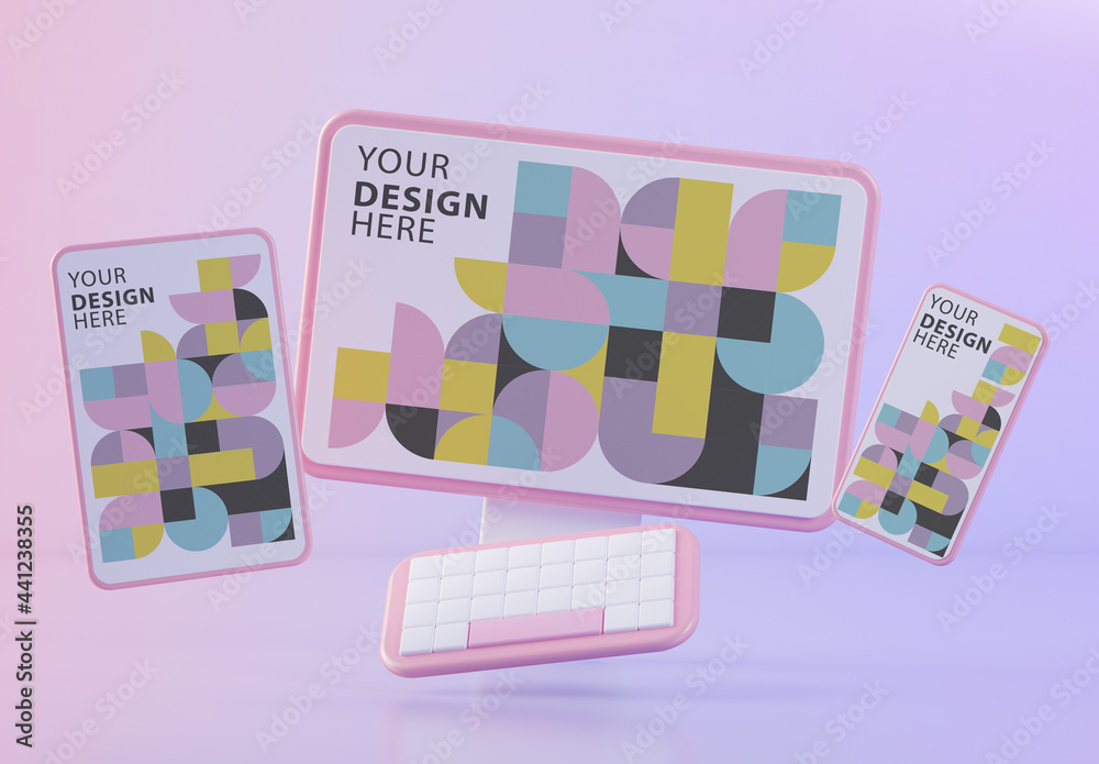 Pink Floating Devices Mockup Stock Template | Adobe Stock