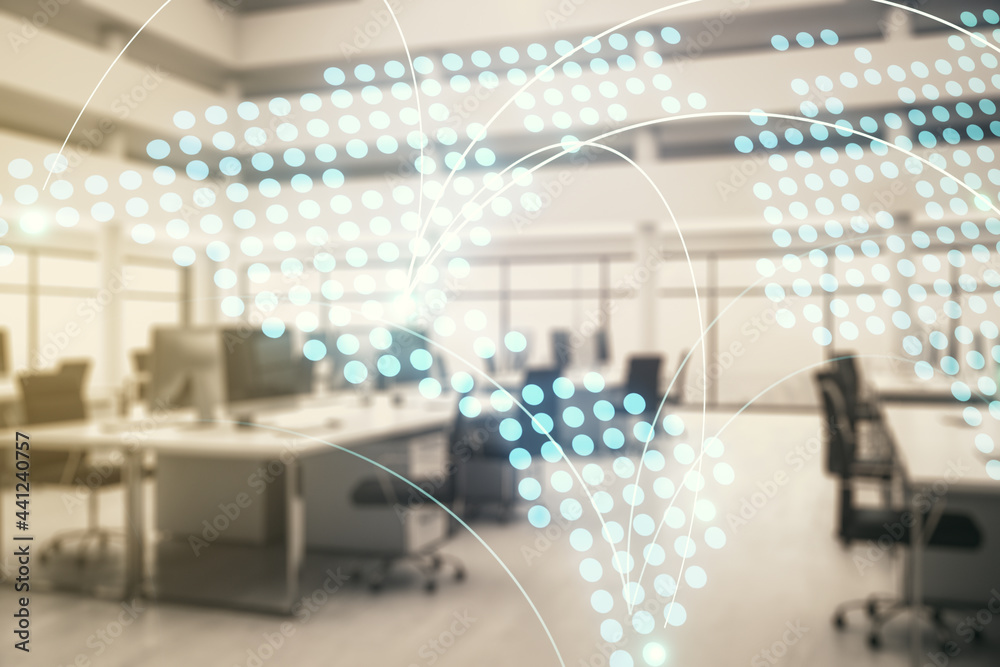 Abstract virtual world map with connections on a modern furnished ...