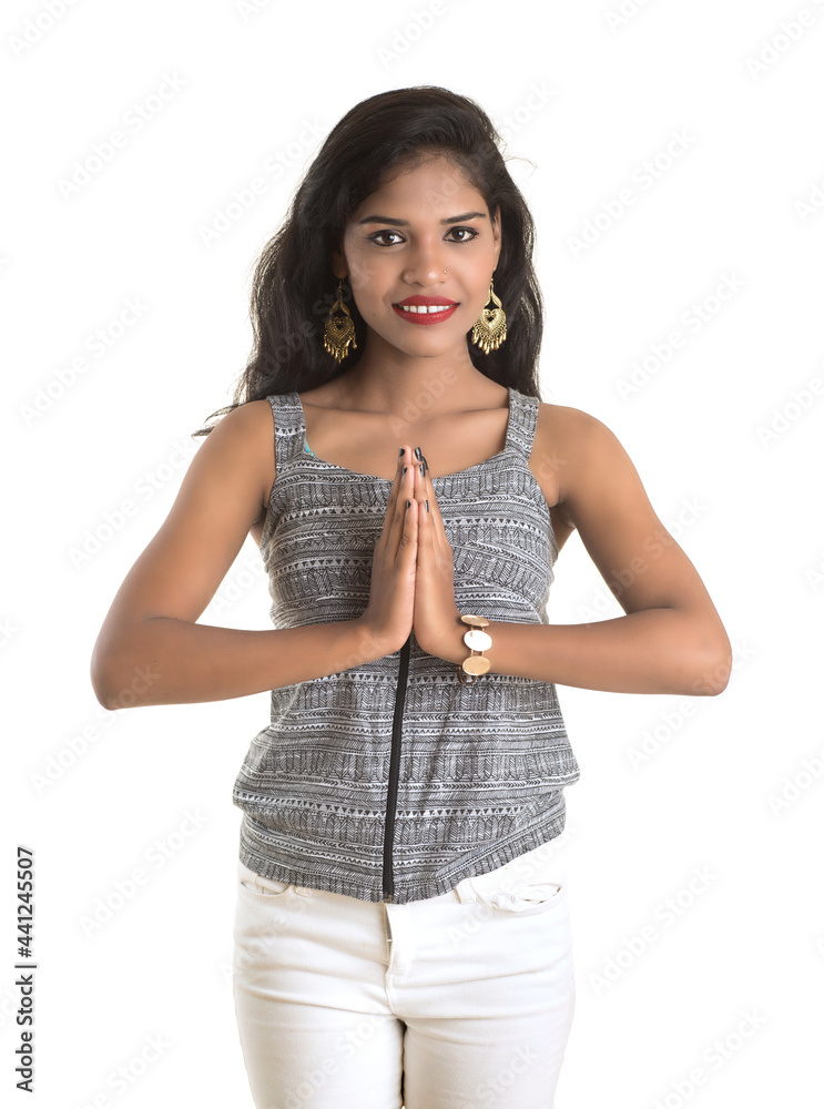 Beautiful Indian girl with welcome expression (inviting), greeting ...