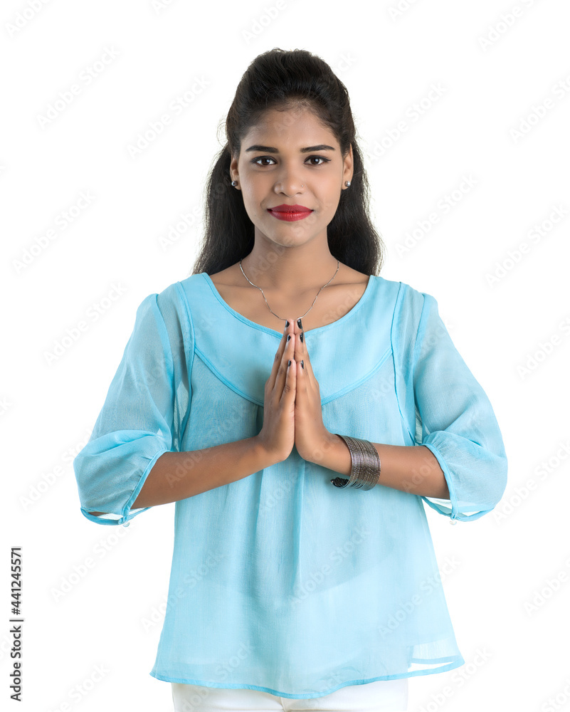 Beautiful Indian girl with welcome expression (inviting), greeting ...
