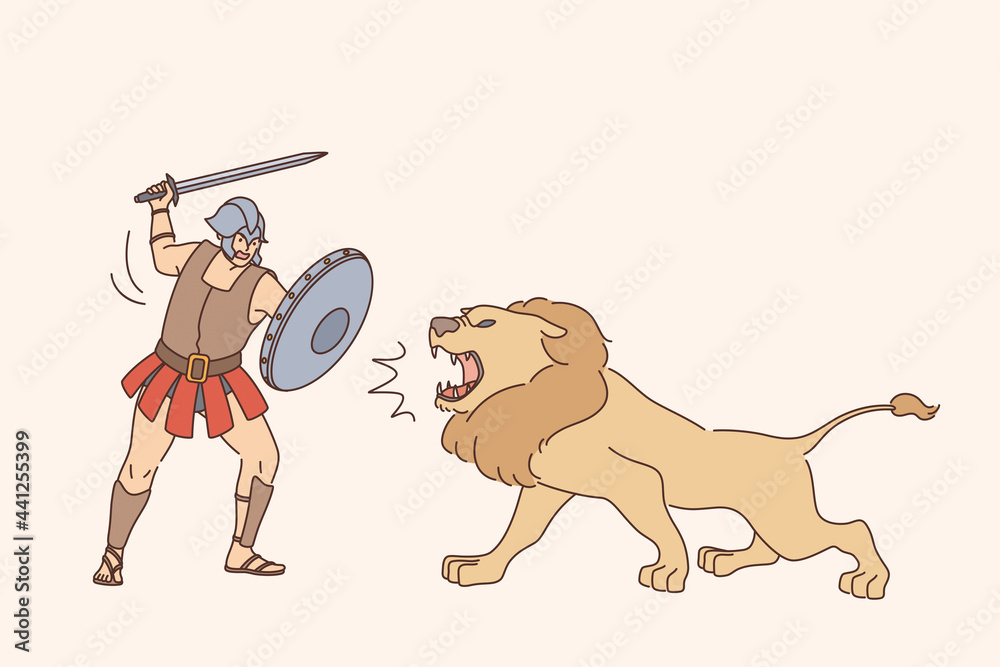 Gladiator with lion fight concept. Young man gladiator cartoon ...