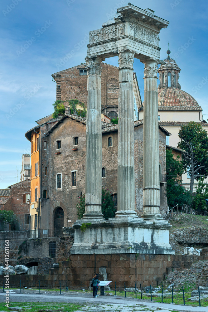 the ancient wall of the Colosseum and the majestic columns of the ...