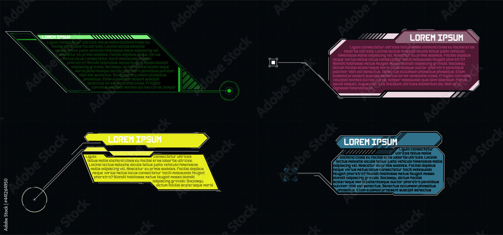 set of modern frames, callouts for user menu interface elements in futuristic HUD style. Good ...