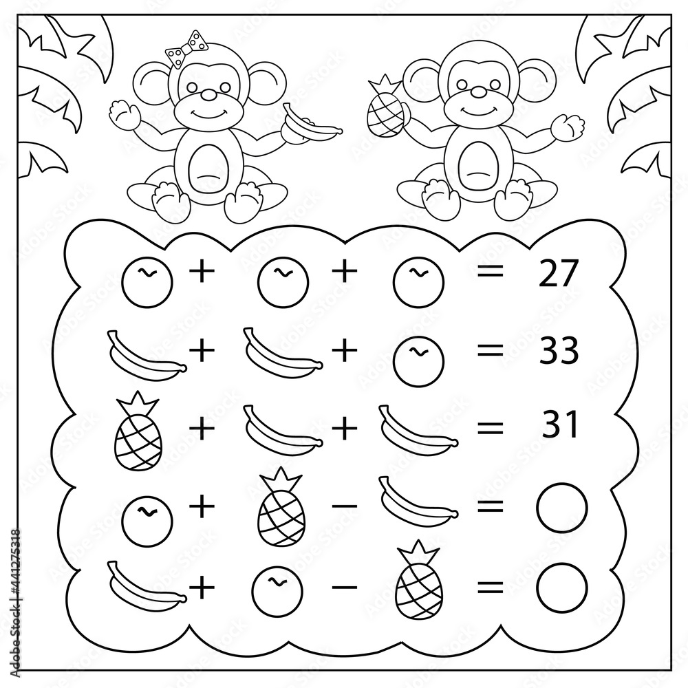 Kids education game. Worksheet and activity page with cute monkeys ...