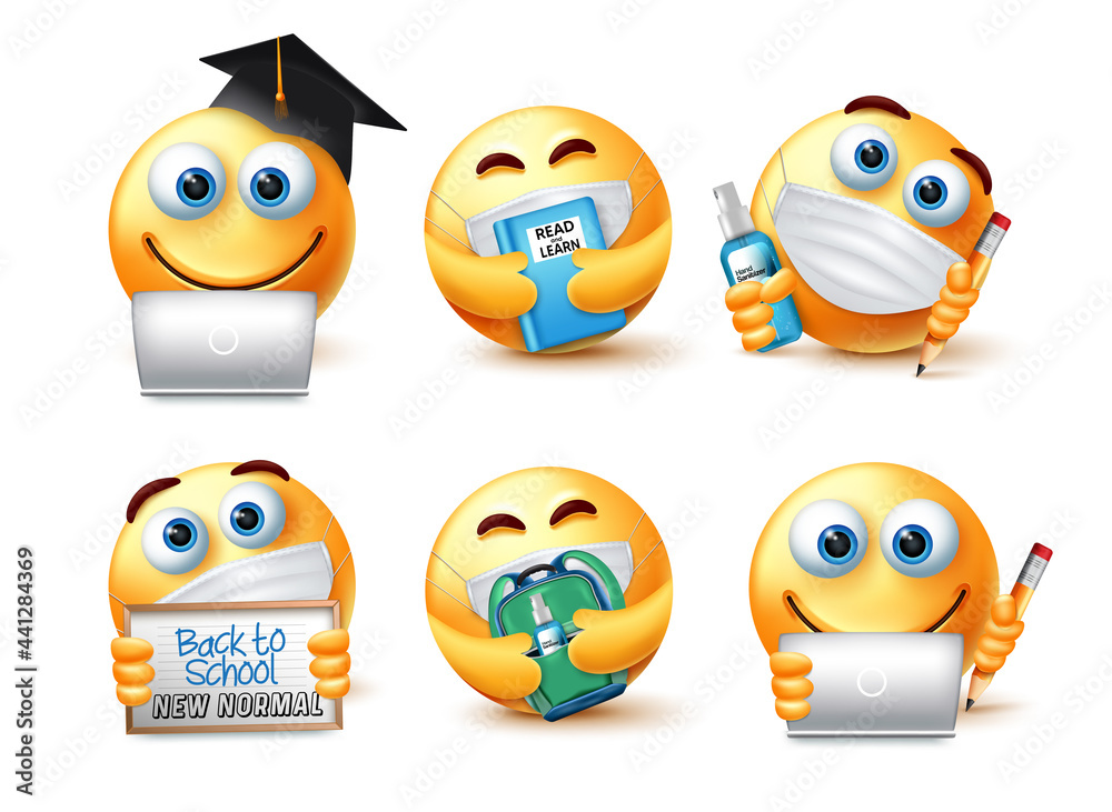 Back to school smiley covid-19 guidelines vector set. Emoticon 3d ...