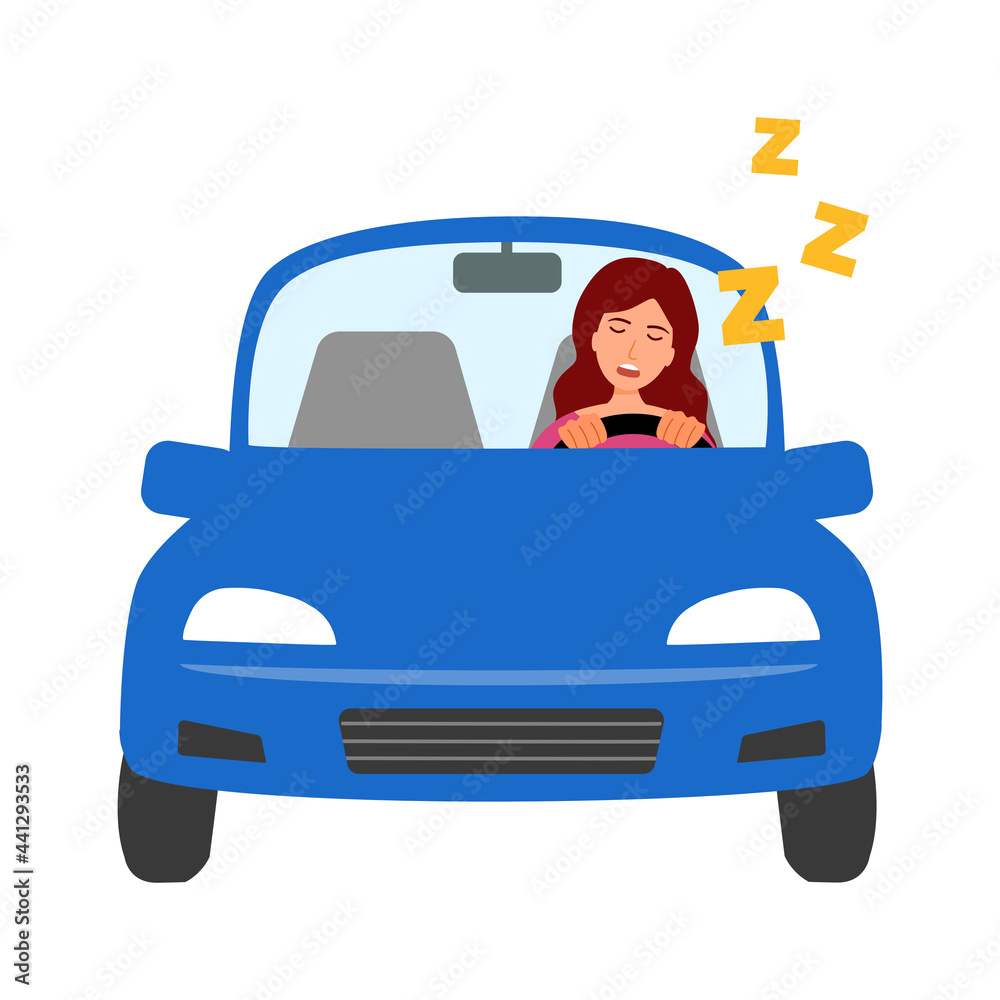 Young woman sleeping while driving car in flat design on white ...