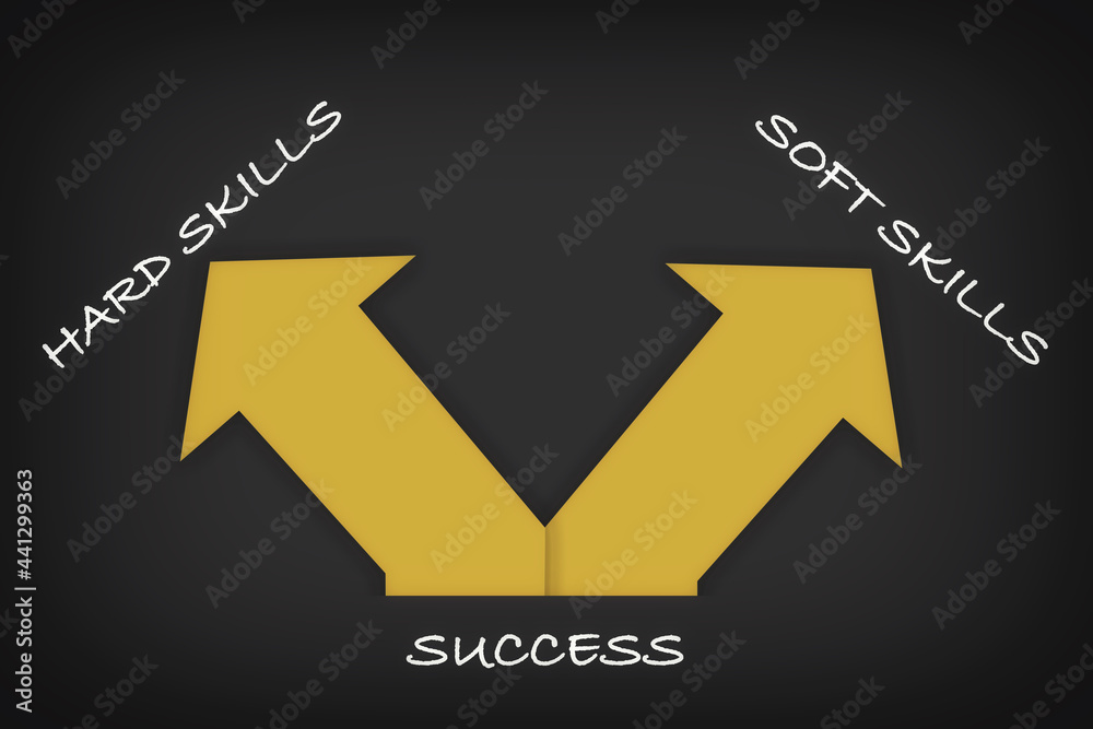 Hard skills and soft skills direction with yellow arrow on grey ...