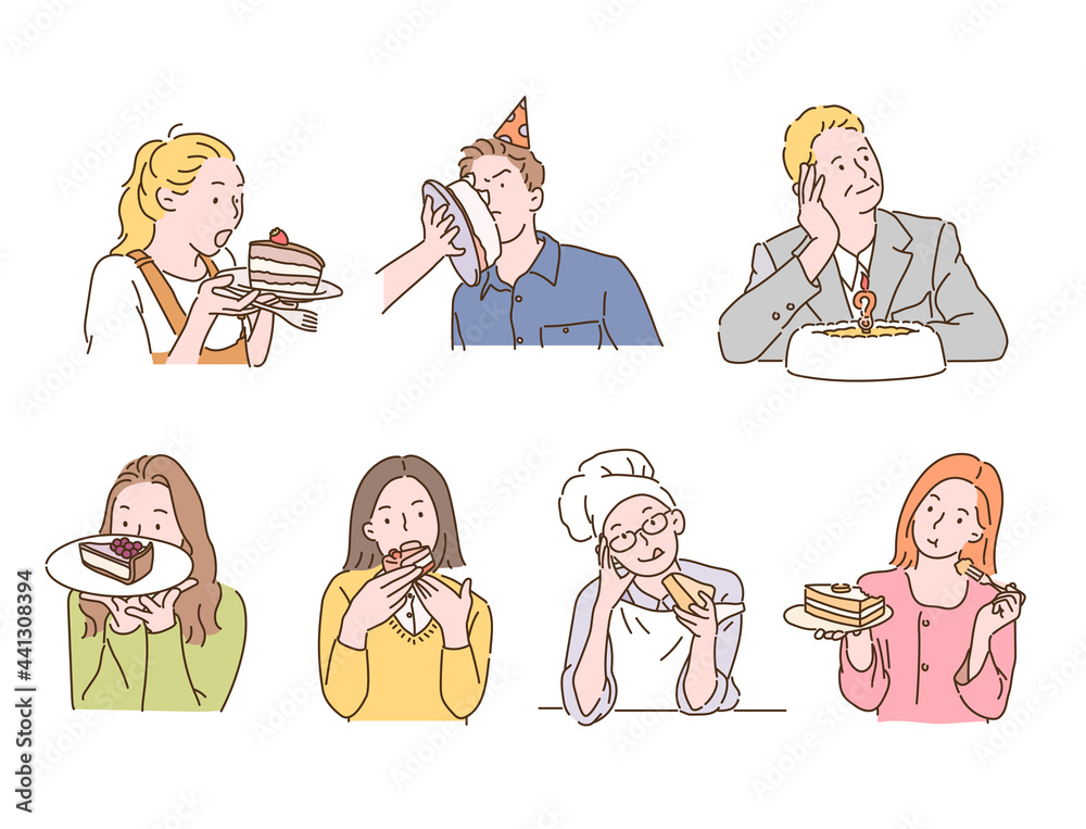 Various reactions of people in front of the cake. hand drawn style ...
