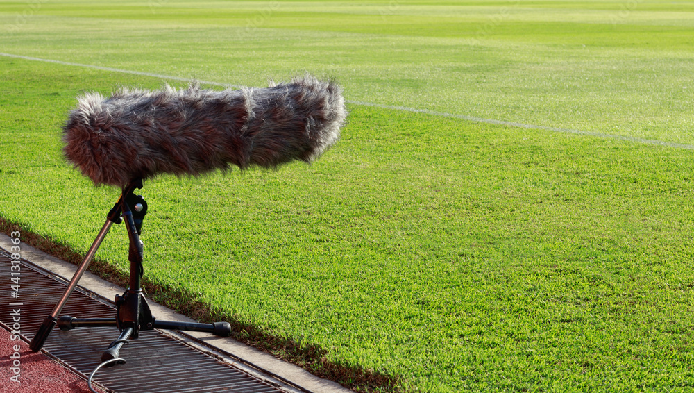Shotgun microphone on the soccer field,microphone for live events Stock ...