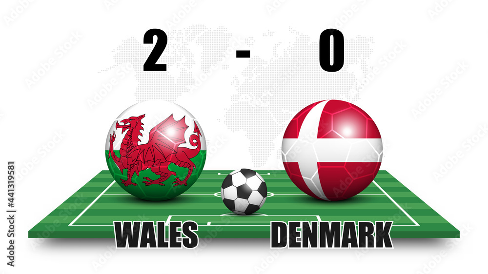 Wales vs Denmark . Soccer ball with national flag pattern on ...
