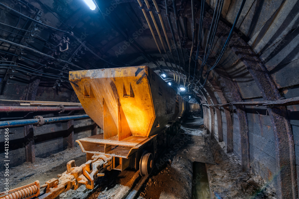 Underground mine. Underground railway for transporting ore. Mine ...