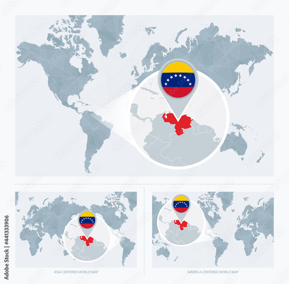 Magnified Venezuela over Map of the World, 3 versions of the World Map ...