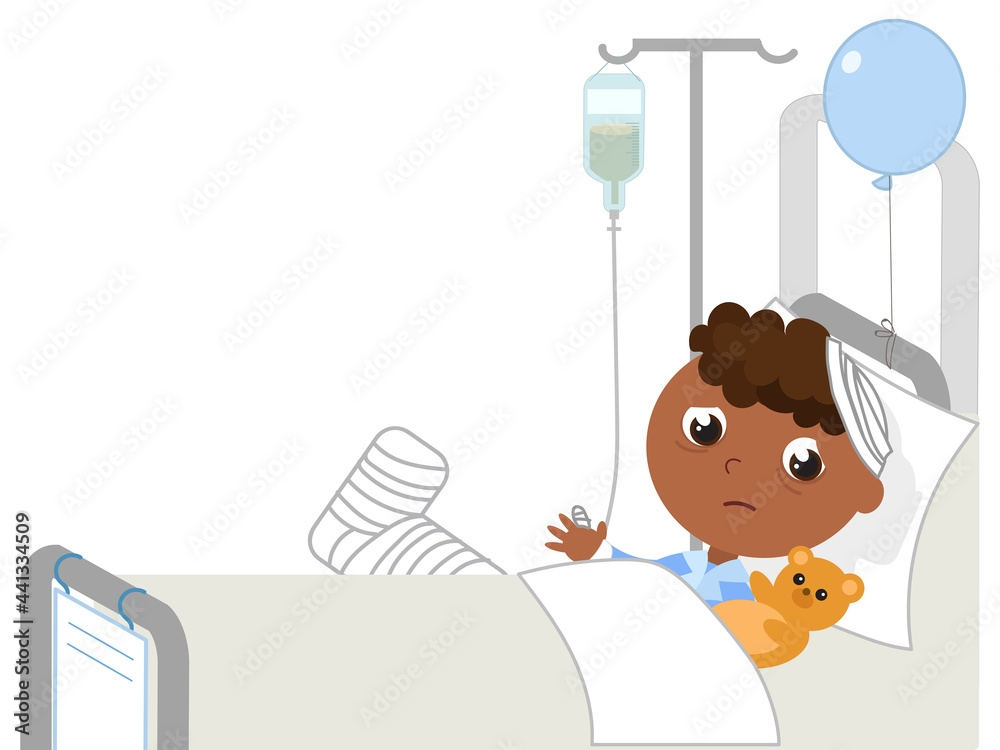 Sad child in hospital room with broken leg and drip. Cartoon vector ...