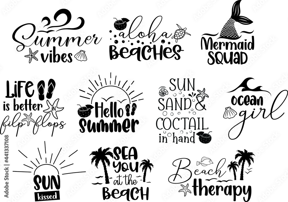 Summer Beach Vector Illustration set, summer svg bundle, beach quotes ...