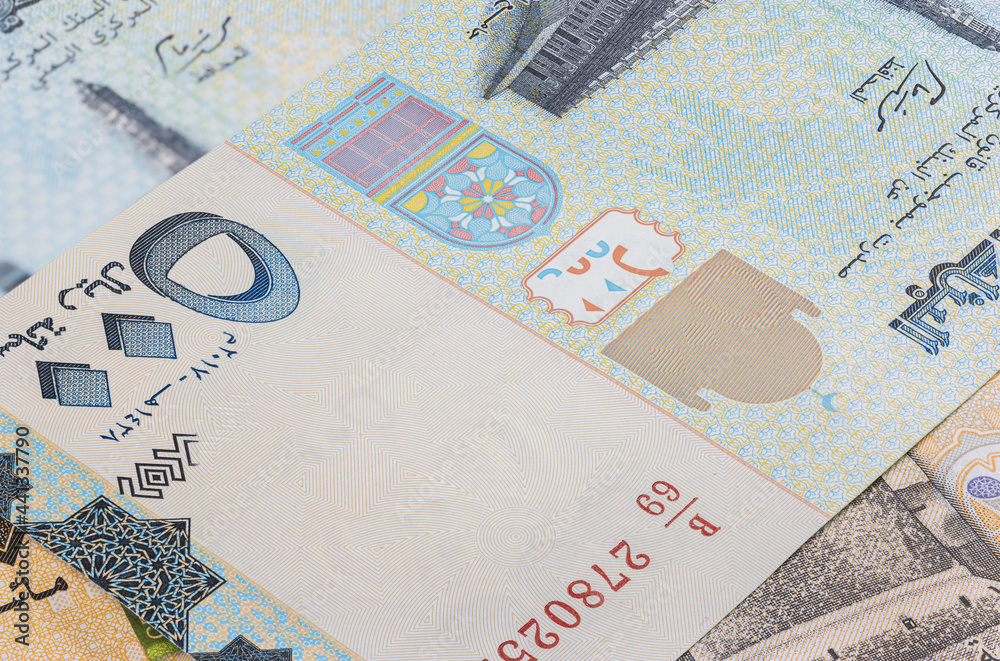 Close up to Rial, banknotes of the republic of Yemen. Detailed capture ...
