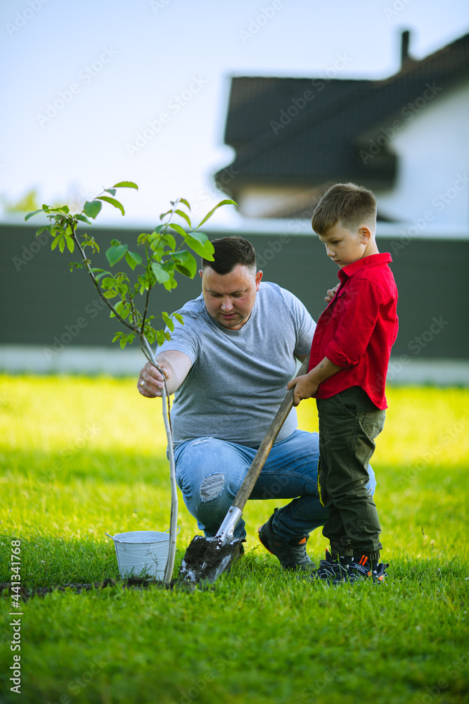 father and son planting tree father holding the shovel and son holding ...