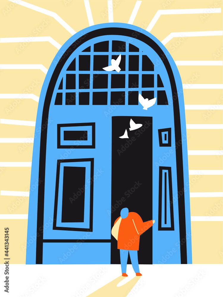 Young woman opens the door of a large historic building from where ...