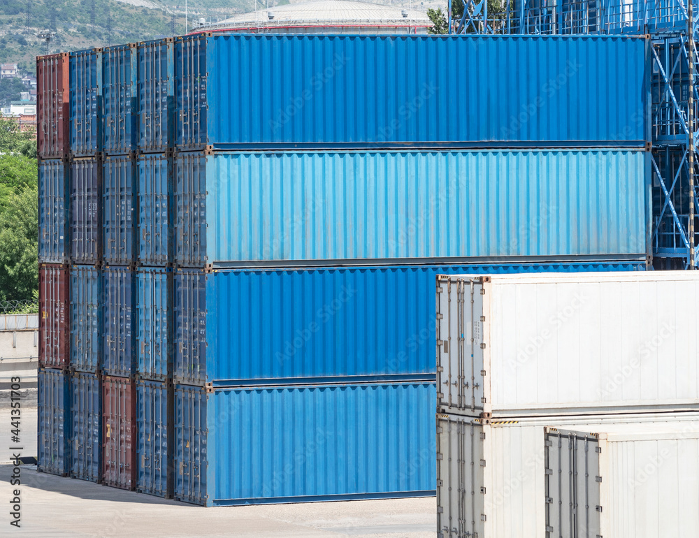 Stack of shipping containers for transshipment Stock Photo | Adobe Stock