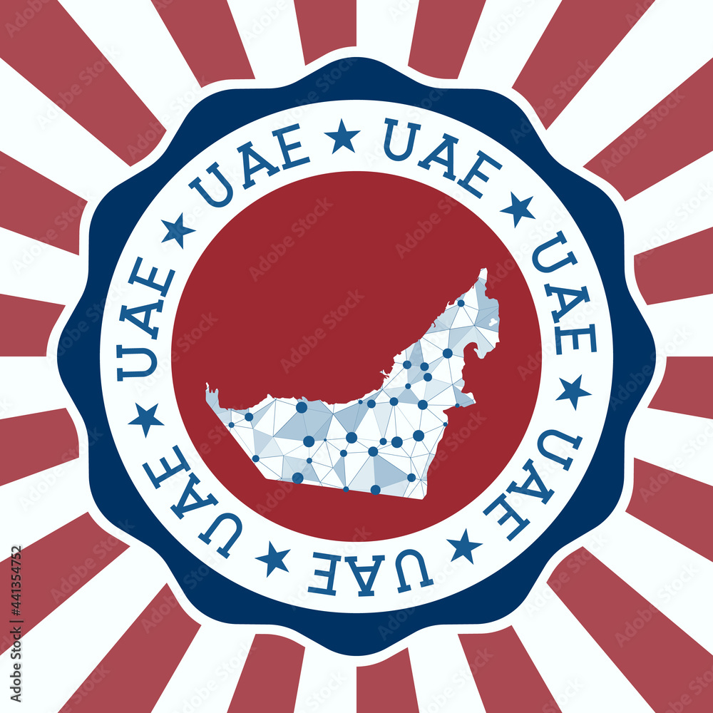 UAE Badge. Round logo of country with triangular mesh map and radial ...