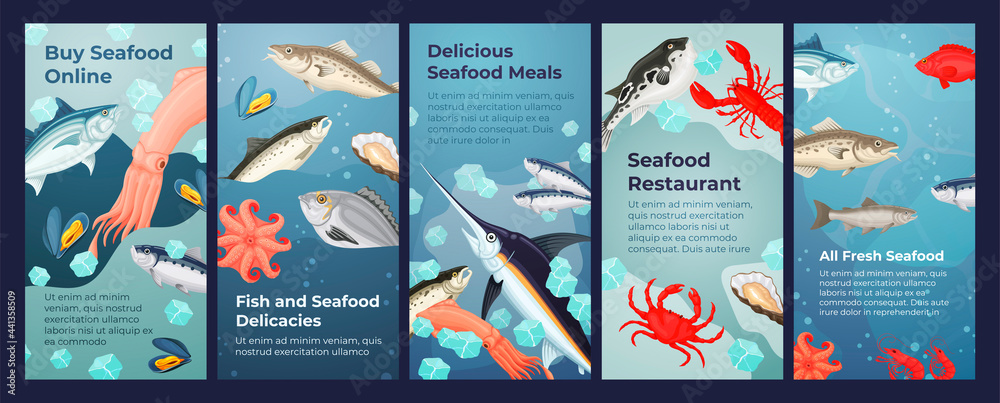 Collection of seafood fresh fish restaurant banners vector flat ...
