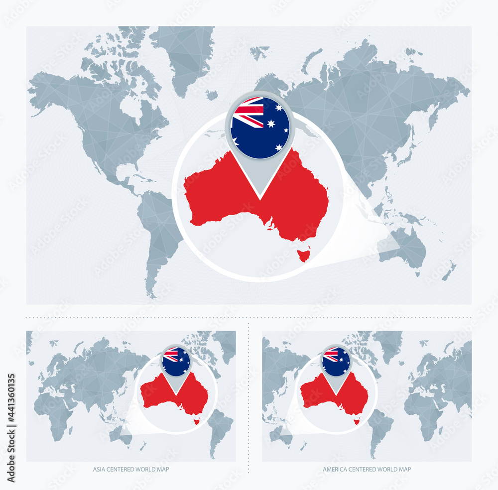 Magnified Australia over Map of the World, 3 versions of the World Map ...