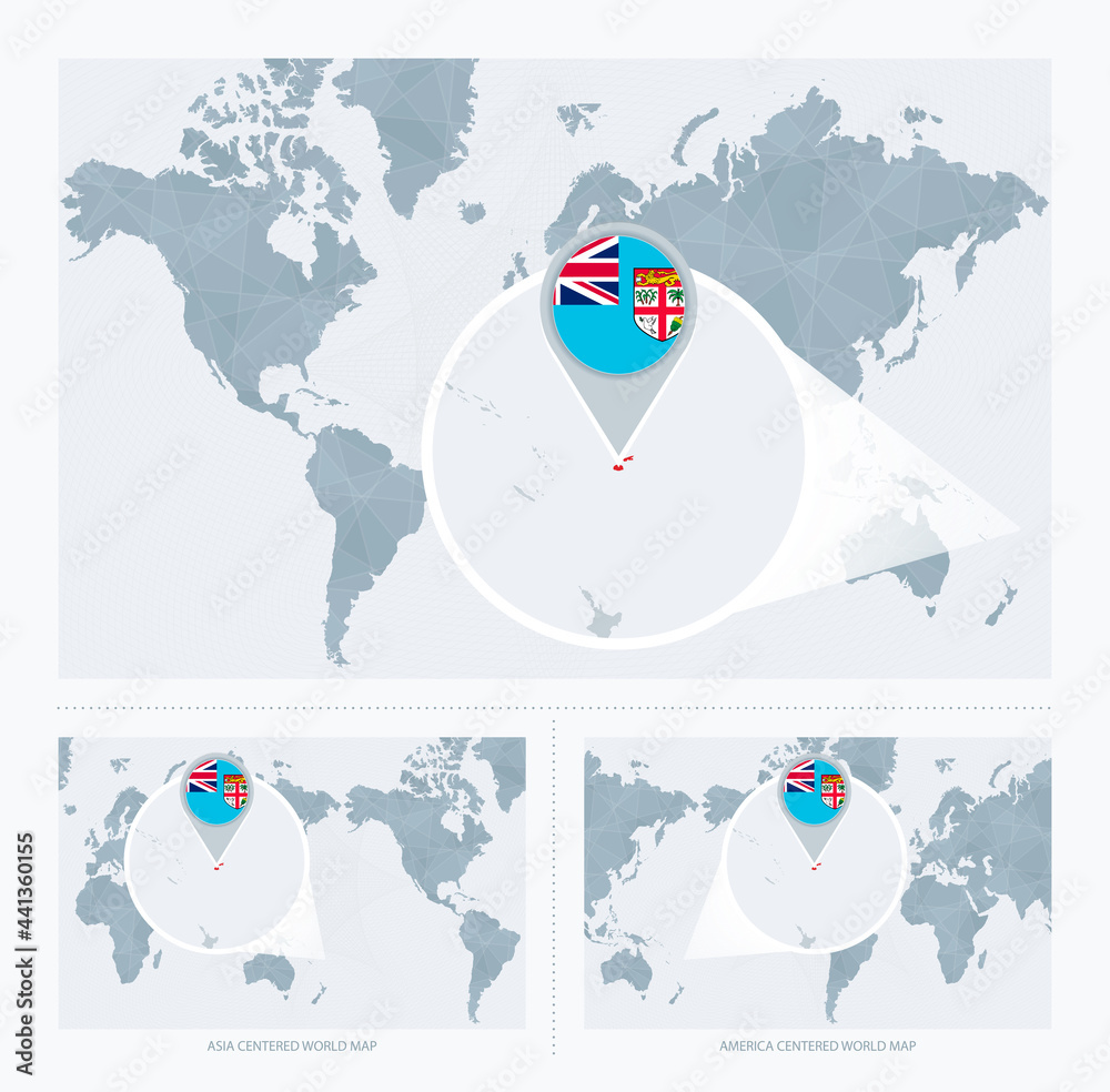 Magnified Fiji over Map of the World, 3 versions of the World Map with ...