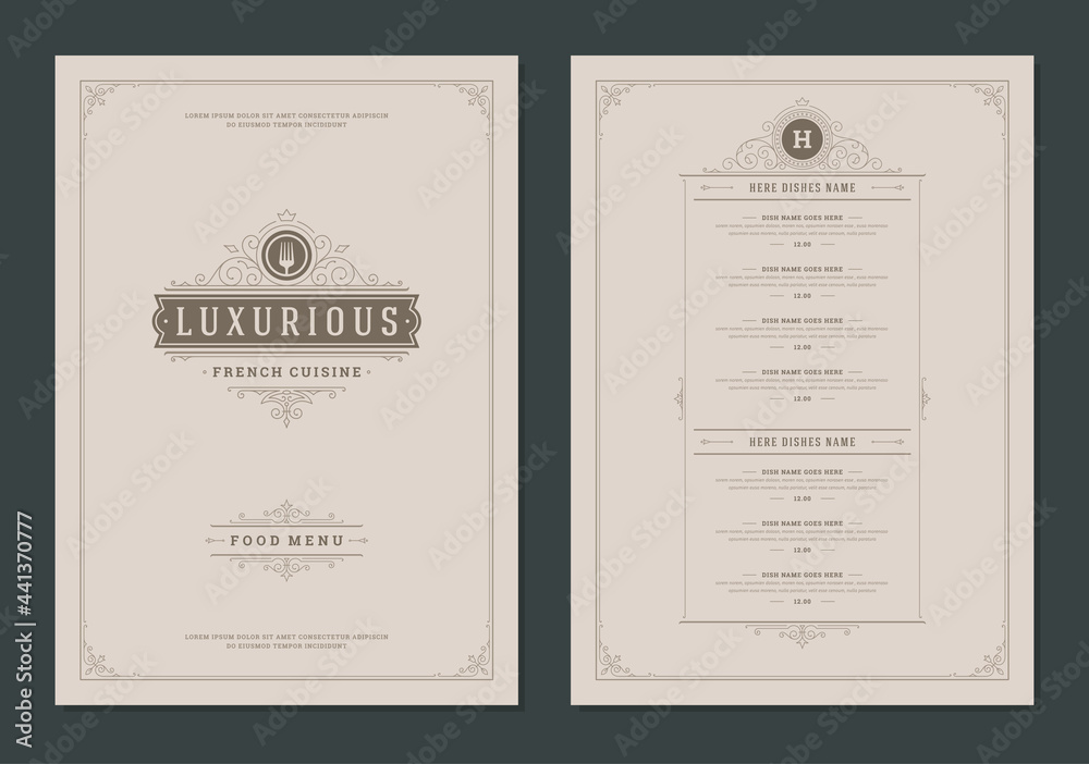 Menu design template with cover and restaurant vintage logo vector ...