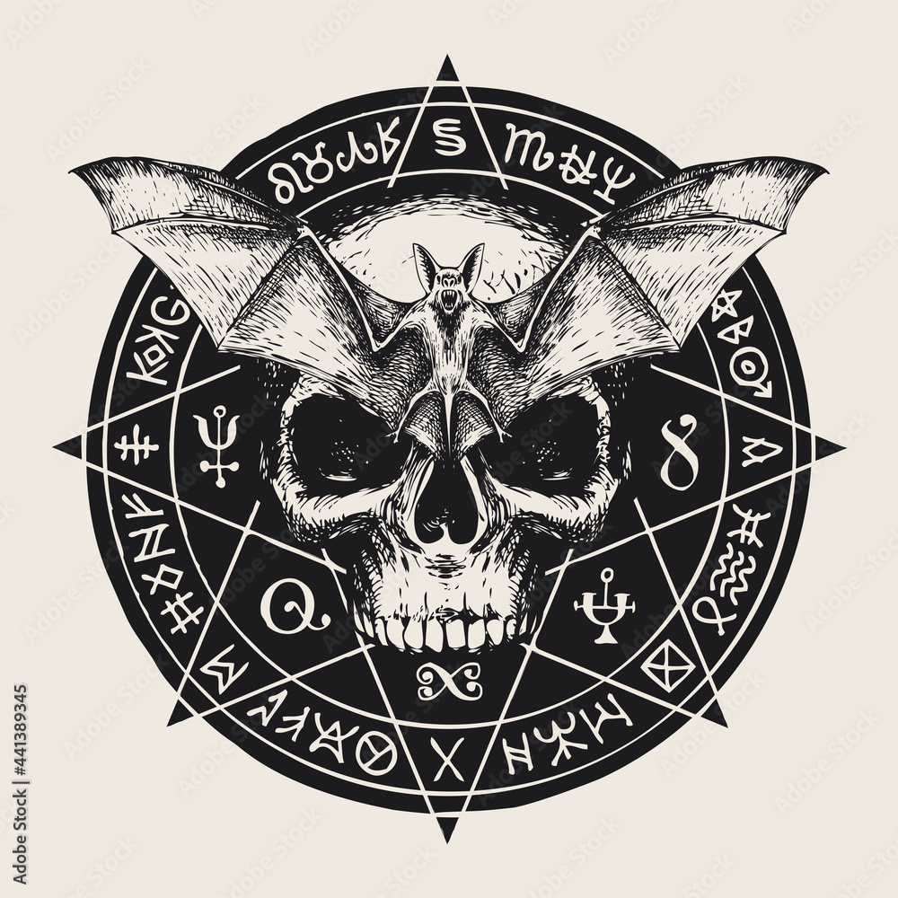 Hand-drawn sinister human skull, bat with open wings and magic symbols ...