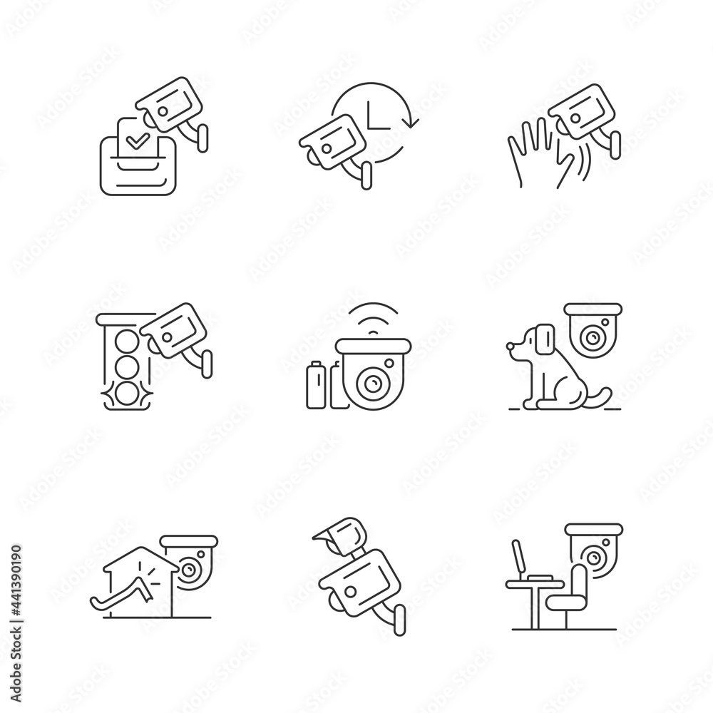 Surveillance camera usage linear icons set. Election observation. Pet ...
