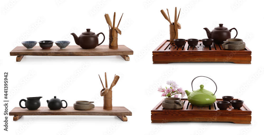 Beautiful sets for traditional tea ceremony on white background ...