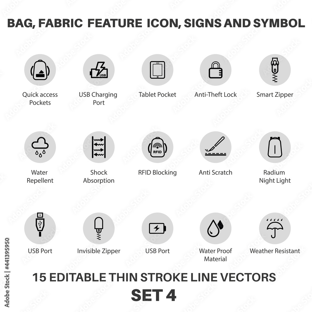 Bag and Backpack fabric feature icon, laptop bag Performance icon and ...