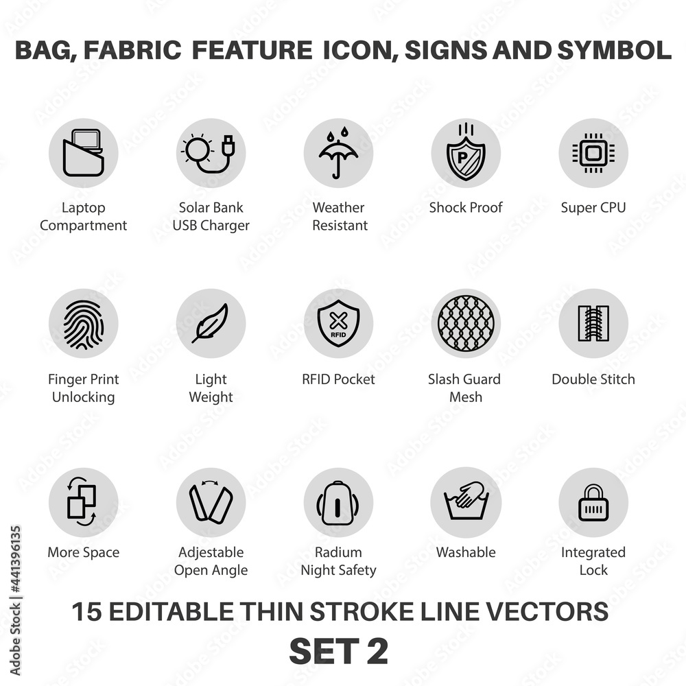 Bag and Backpack fabric feature icon, laptop bag Performance icon and ...