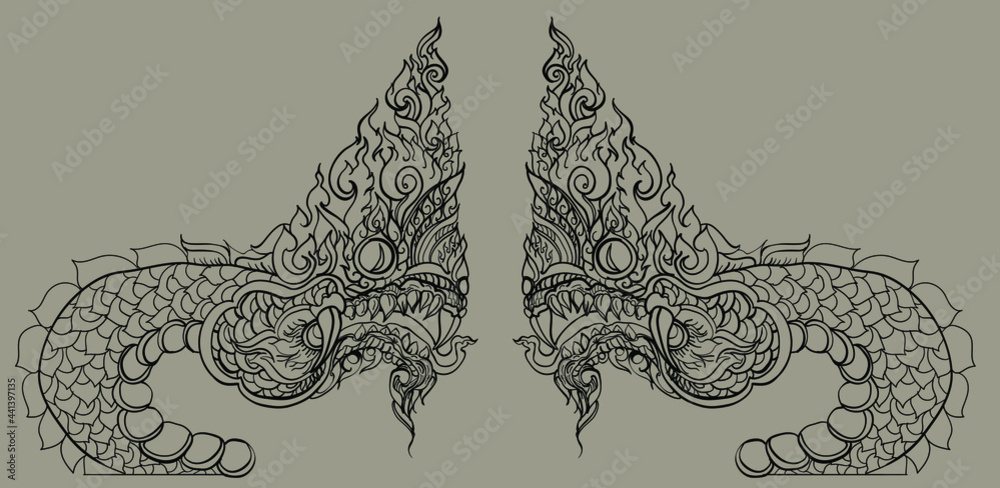 Kam Cha Nod Tree with Traditional Line Thai style. Naka Thai Dragon ...