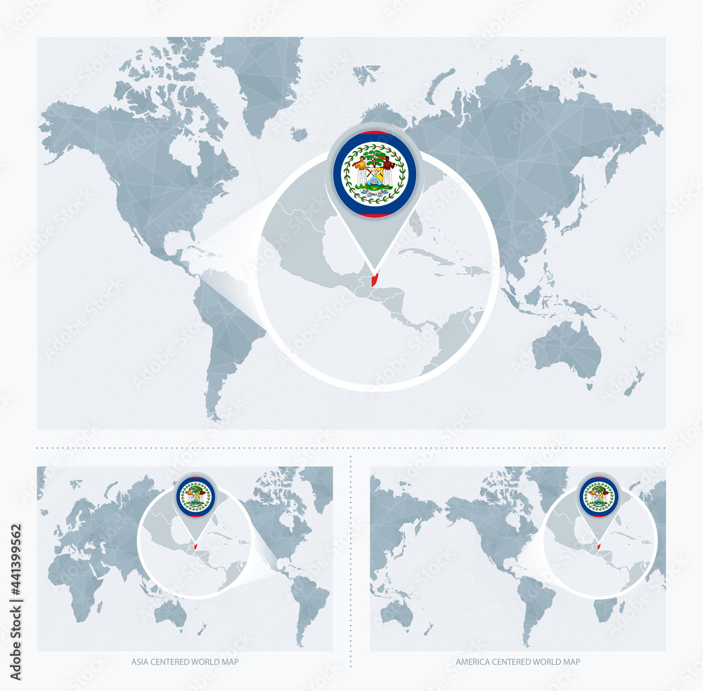 Magnified Belize over Map of the World, 3 versions of the World Map ...