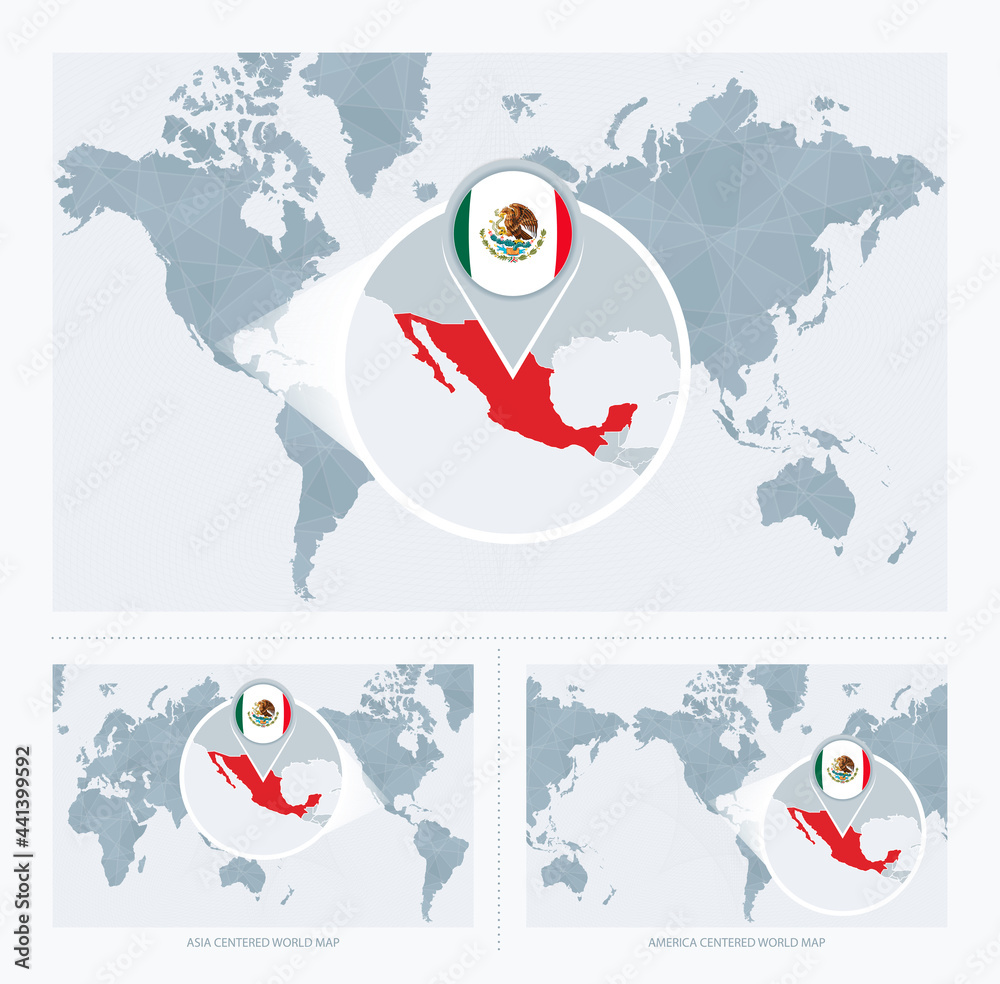 Magnified Mexico over Map of the World, 3 versions of the World Map ...