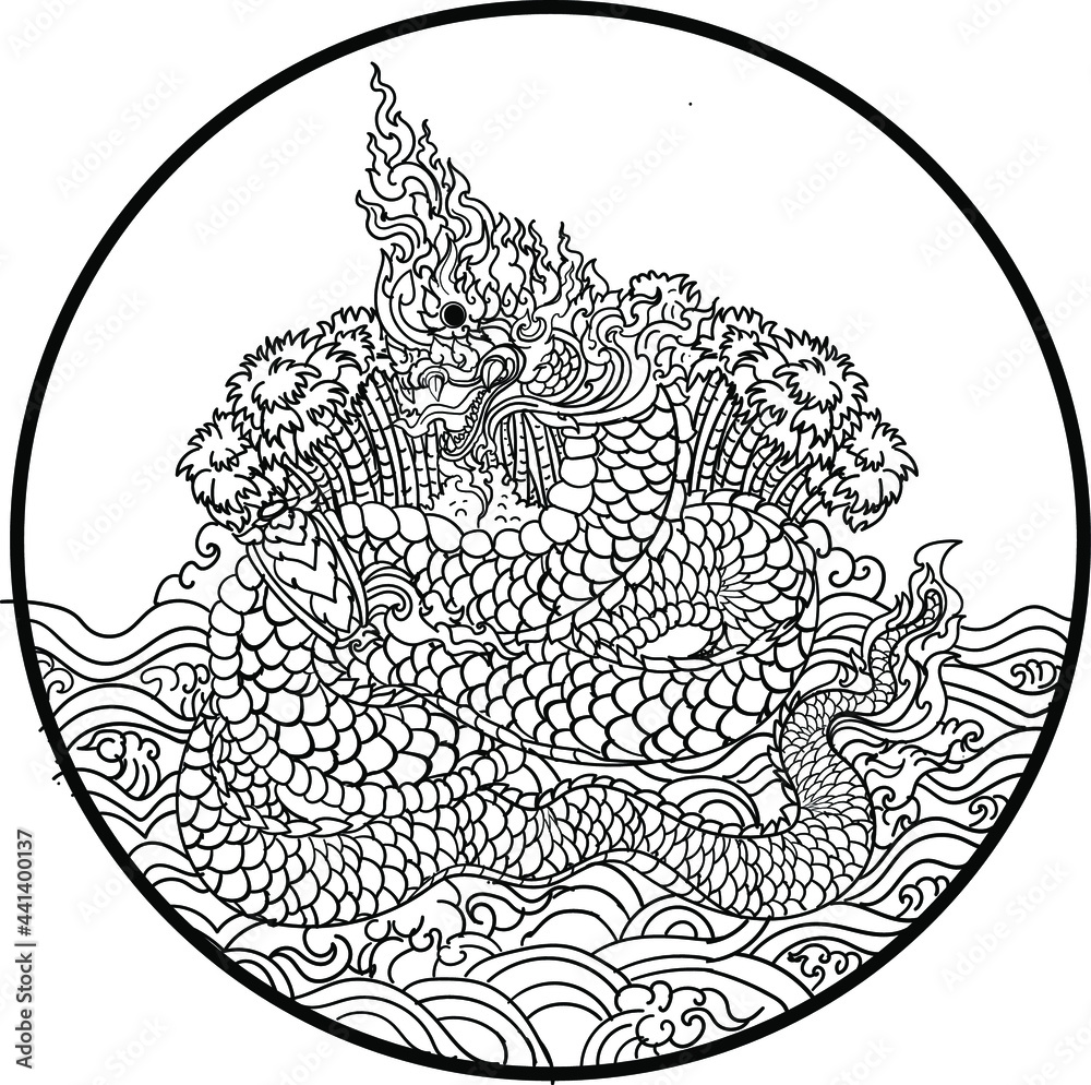 Kam Cha Nod Tree with Traditional Line Thai style. Naka Thai Dragon ...