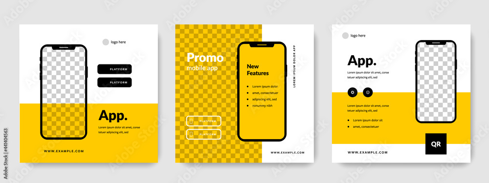 Vetor do Stock: Social media layouts with smartphone mockups, black ...