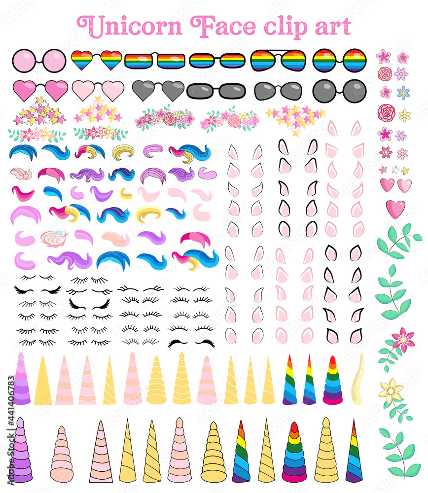 Unicorn creation kit of cute cartoon unicorn character illustration ...