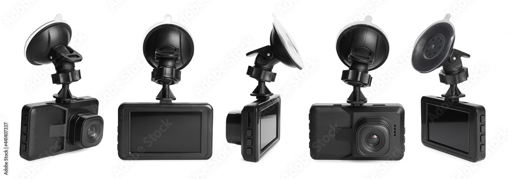 Set with modern car dashboard cameras on white background. Banner ...