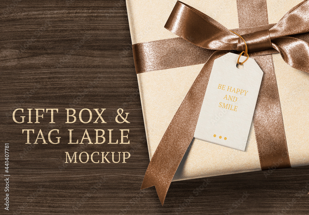Present Greeting Tag Mockup on a Gift Box Stock Template | Adobe Stock