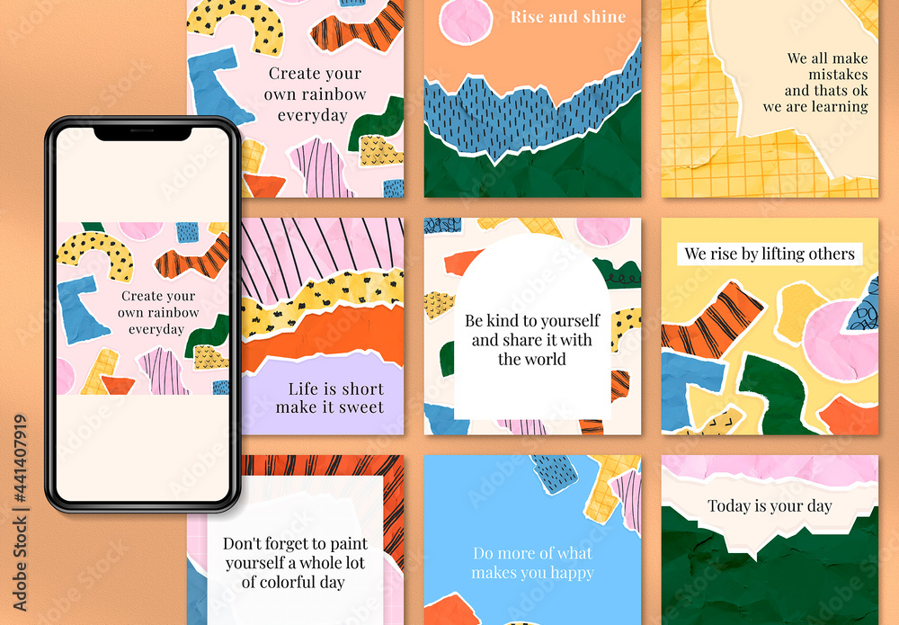 Motivational Social Media Post on Ripped Paper Collage Stock Template ...