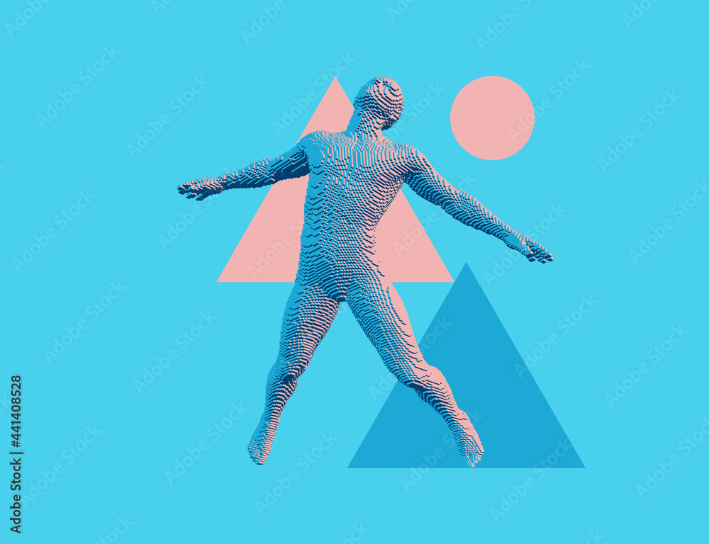 Man floating in the air. Take me higher. Meditating concept. Voxel art ...